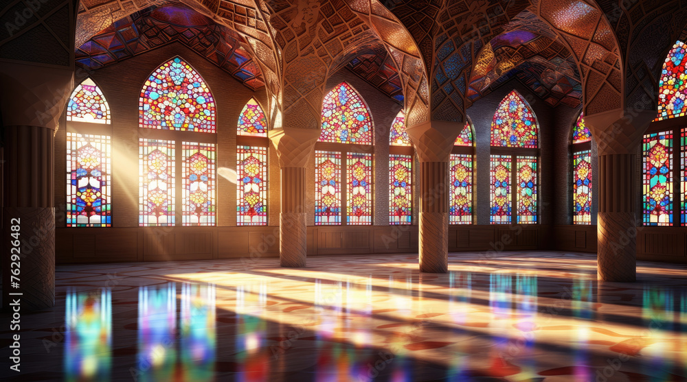 Interior view of beautiful Nasir al-Mulk Mosque, decorated walls and ...