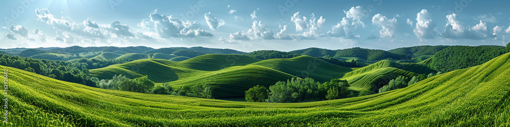 Wide wallpaper background image of long empty grass mountain valley ...