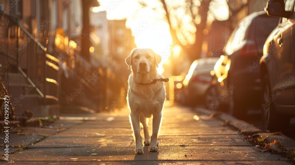 Sunlit street scene with energetic white dog leading the way on a leash ...