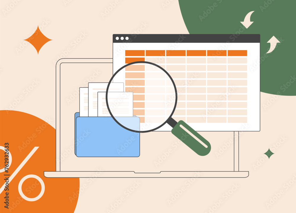 Tax return folder design concept. Spreadsheet table with data ...