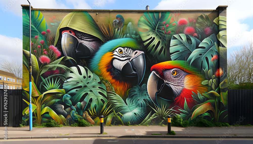 the three graffiti-style parrots on a concrete wall. The mural ...