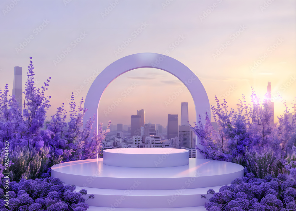 Cityscape Spotlight: Circular Stage with Illuminated Urban Backdrop ...