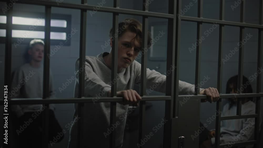 Vidéo Stock Multicultural teenage prisoners behind metal bars in prison ...