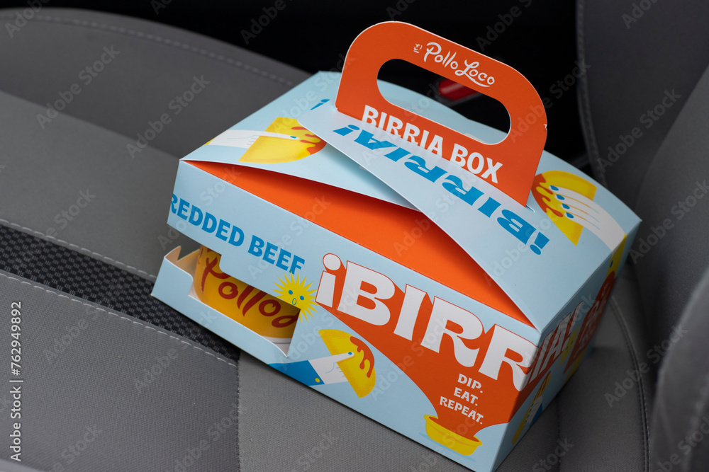 San Diego, CA, USA - May 14, 2022: An El Pollo Loco Birria Box for to ... San Diego, CA, USA - May 14, 2022: An El Pollo Loco Birria Box for to ...