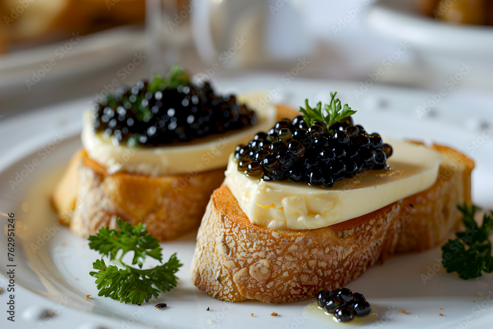 Elegant toasts with butter and black caviar on plate, premium ...