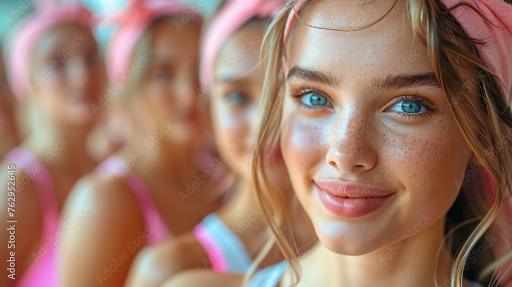 A wide photo of cute dancing girl face with slim body wearing pink ...