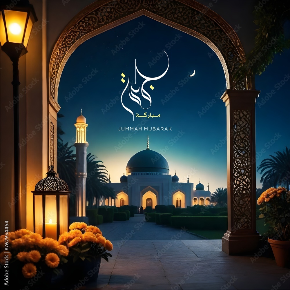 Jummah Mubarak on selective focus masjid and flower background. with ...