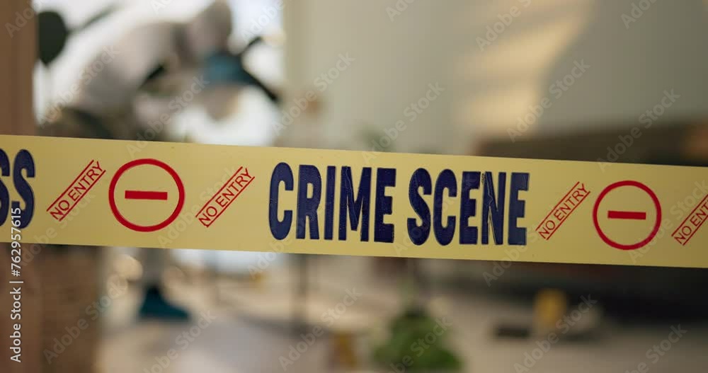 Crime scene tape, photography and people in house for evidence ...