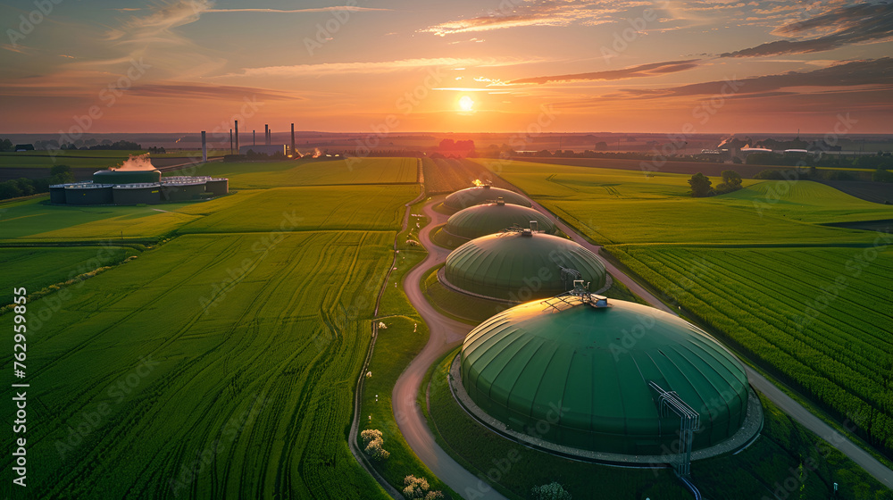 Modern biogas plant between several fields in rural region with sunset ...