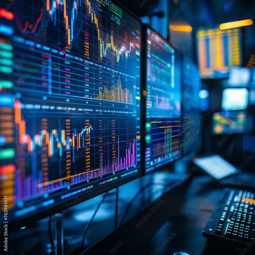 Stock market data analysis in the trading room. Multiple screens ...
