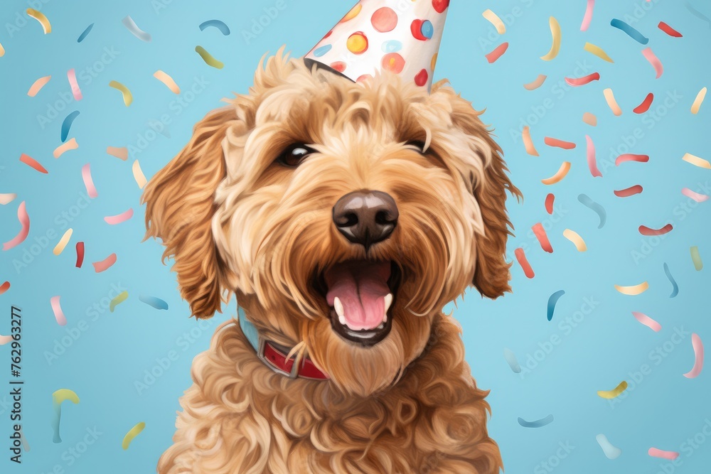 Happy goldendoodle wearing party hat with confetti on a blue background ...
