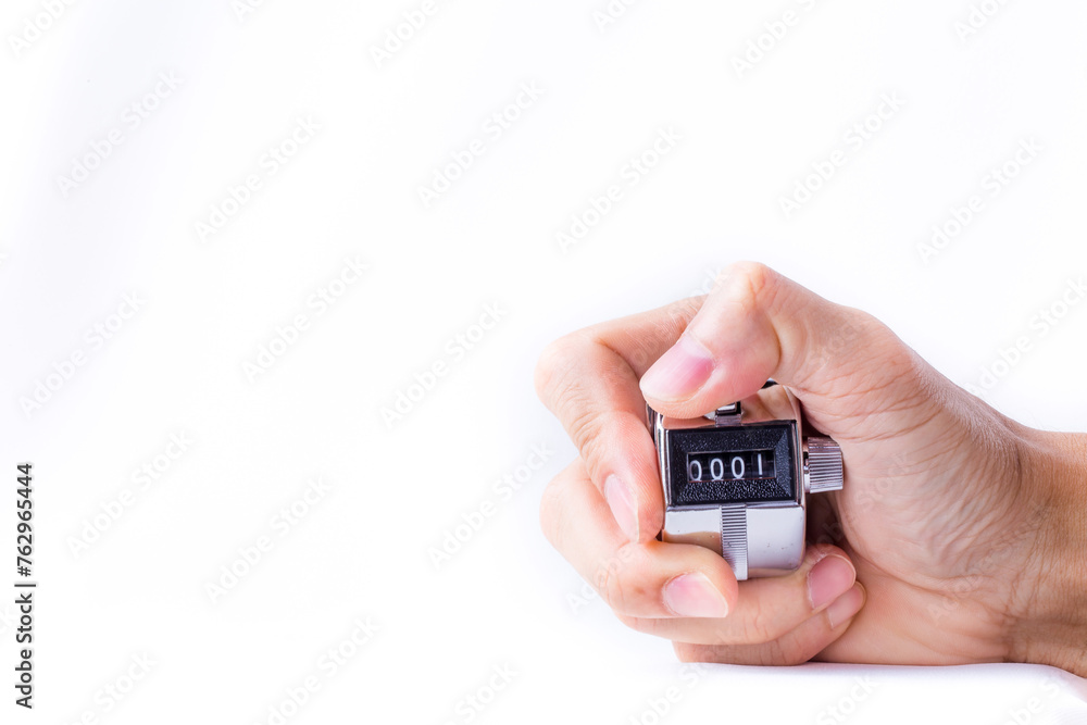 Hand man hold tally counter isolated white background. Image concept of ...