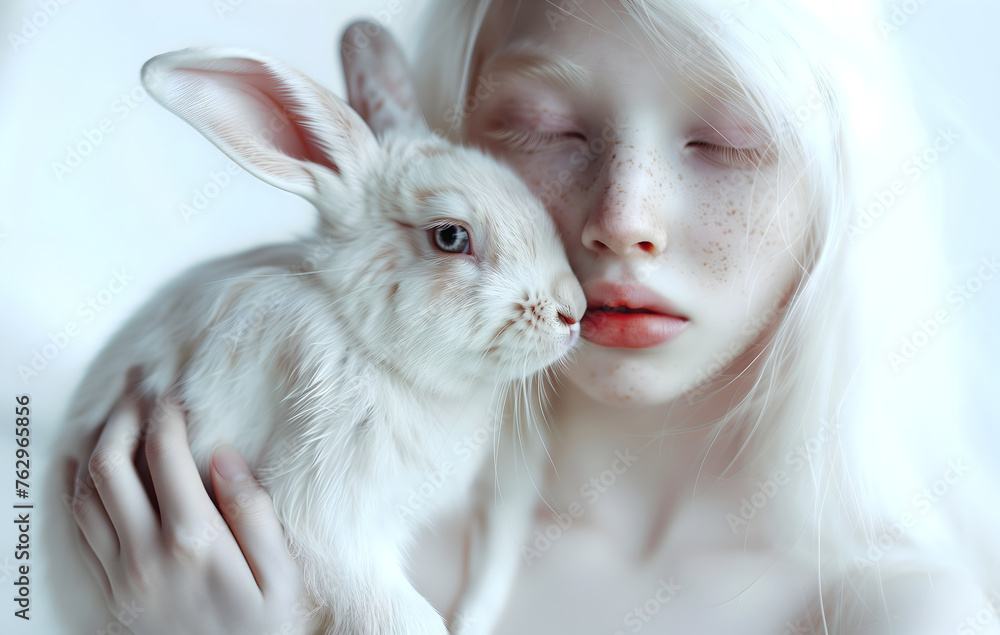 Fashion Surreal Concept. White tousled hair pretty albino girl hugging ...