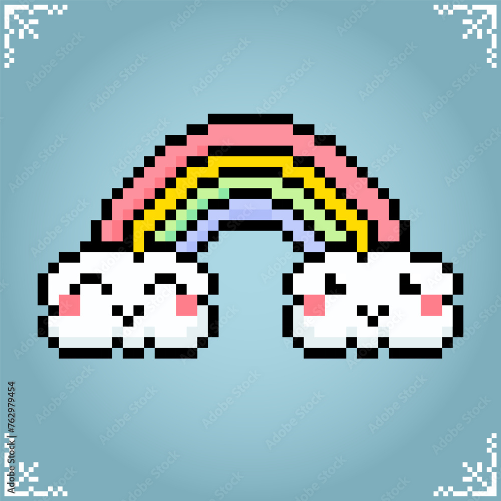 rainbow with two kawaii clouds in 8 bit pixel art. Sticker for game ...