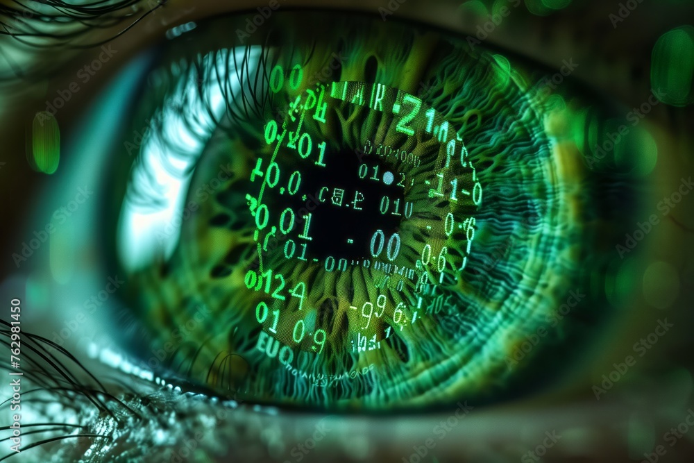 Computer vision concept. Human eye with binary code inside. Fusion of technology, perception ...