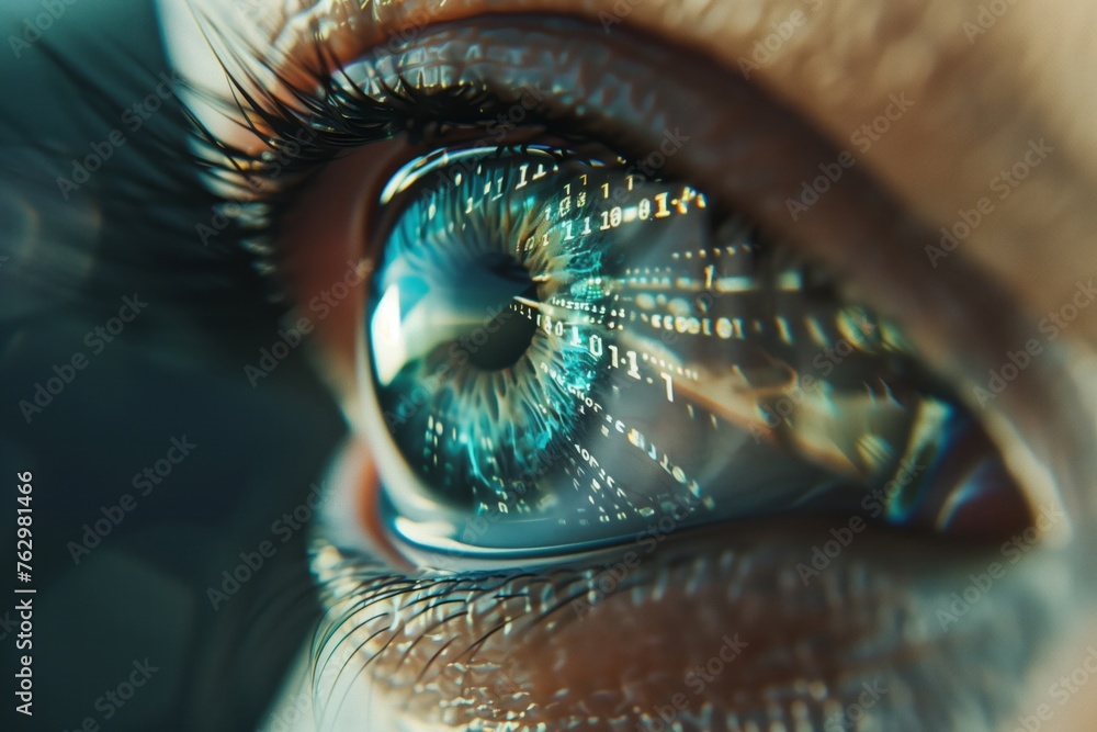 Computer vision concept. Human eye with binary code inside. Fusion of ...