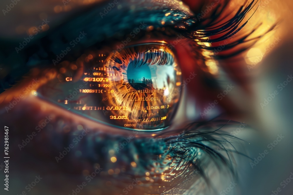 Computer vision concept. Human eye with binary code inside. Fusion of ...