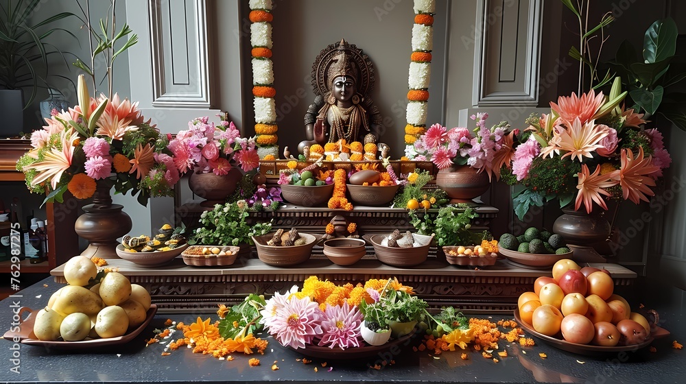 A beautifully decorated temple altar adorned with fresh flowers, fruits ...