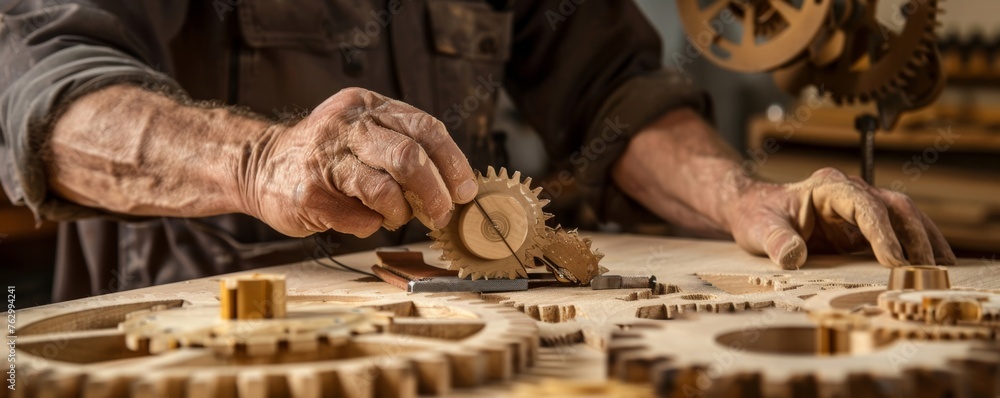 Master carpenter at work hands finely tuning wooden gears for a custom ...