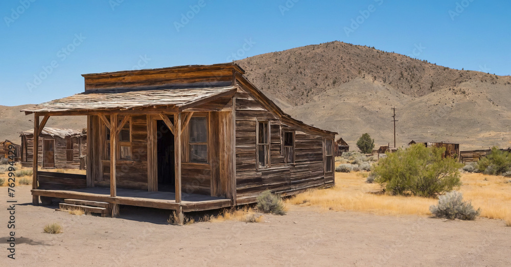 Old wooden shack stands weathered and abandoned in the wild west, relic ...