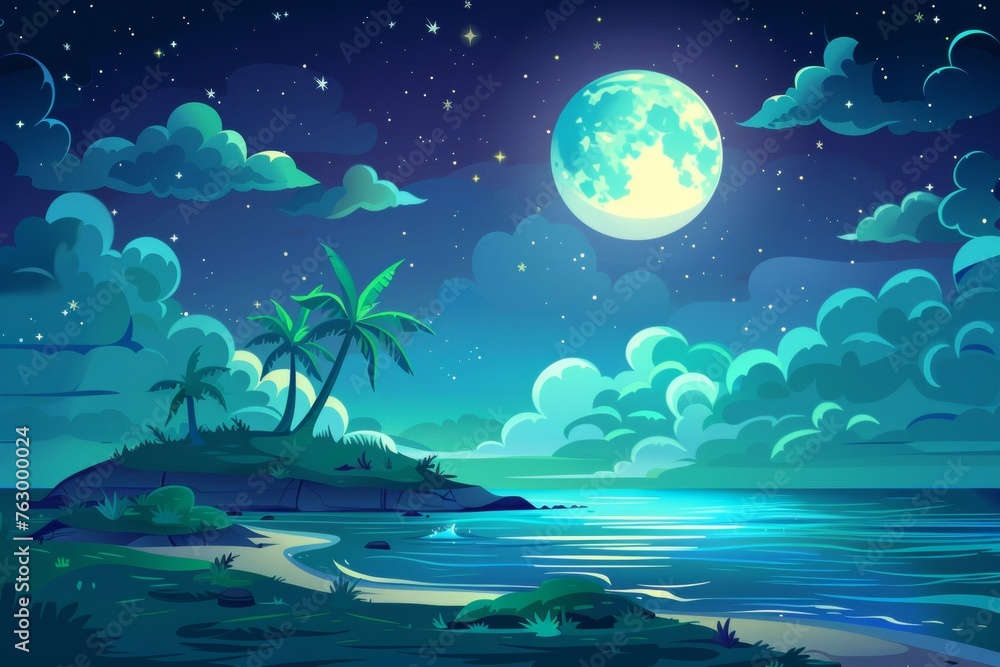 Nighttime seascape with moon, stars and clouds in dark sky. Modern ...