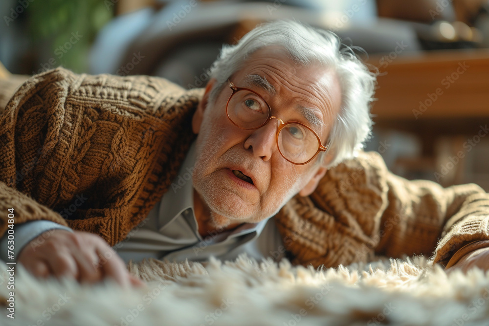 Asian senior elderly male fall on the ground while walk alone in house ...