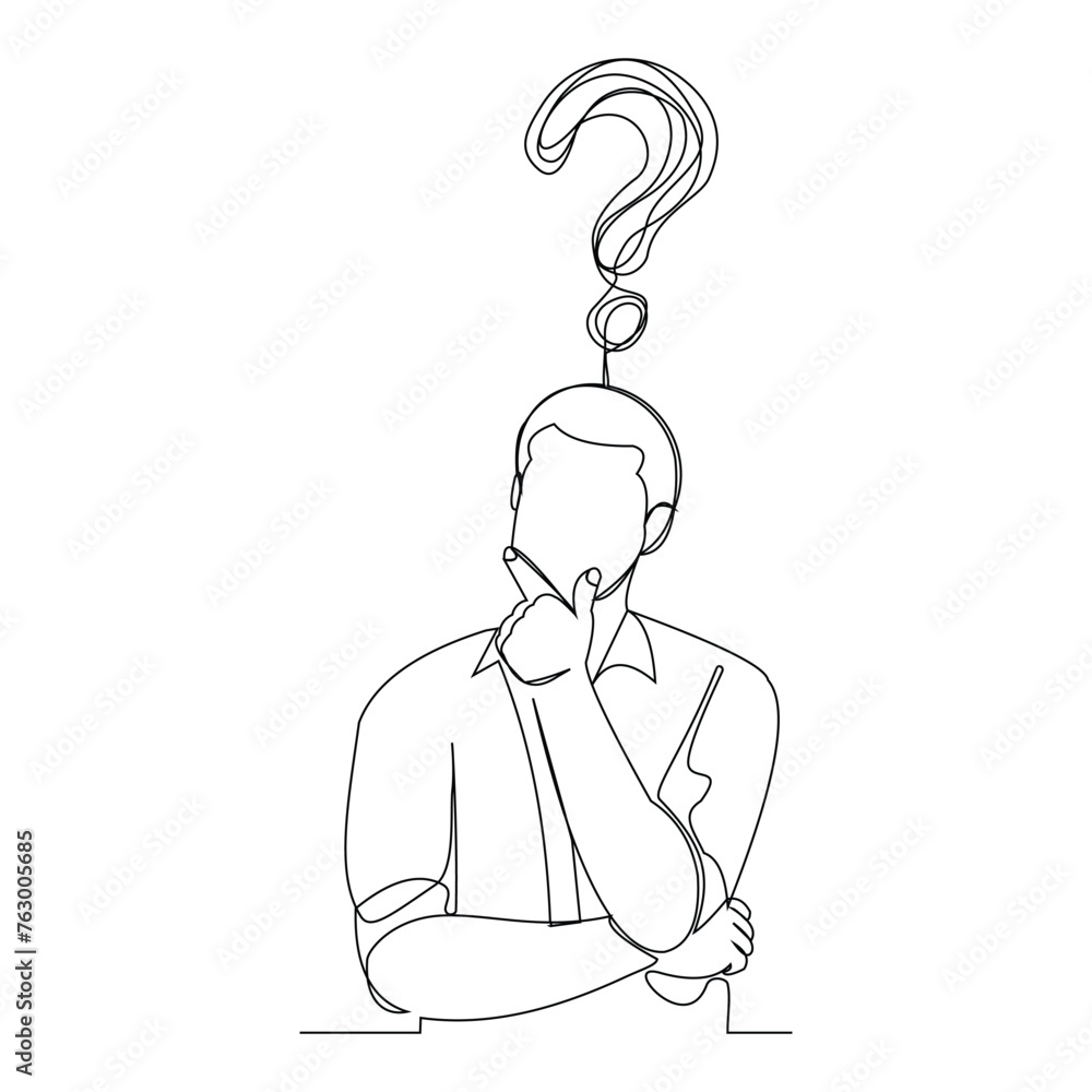 Continuous single line sketch drawing of thinking man with questions ...