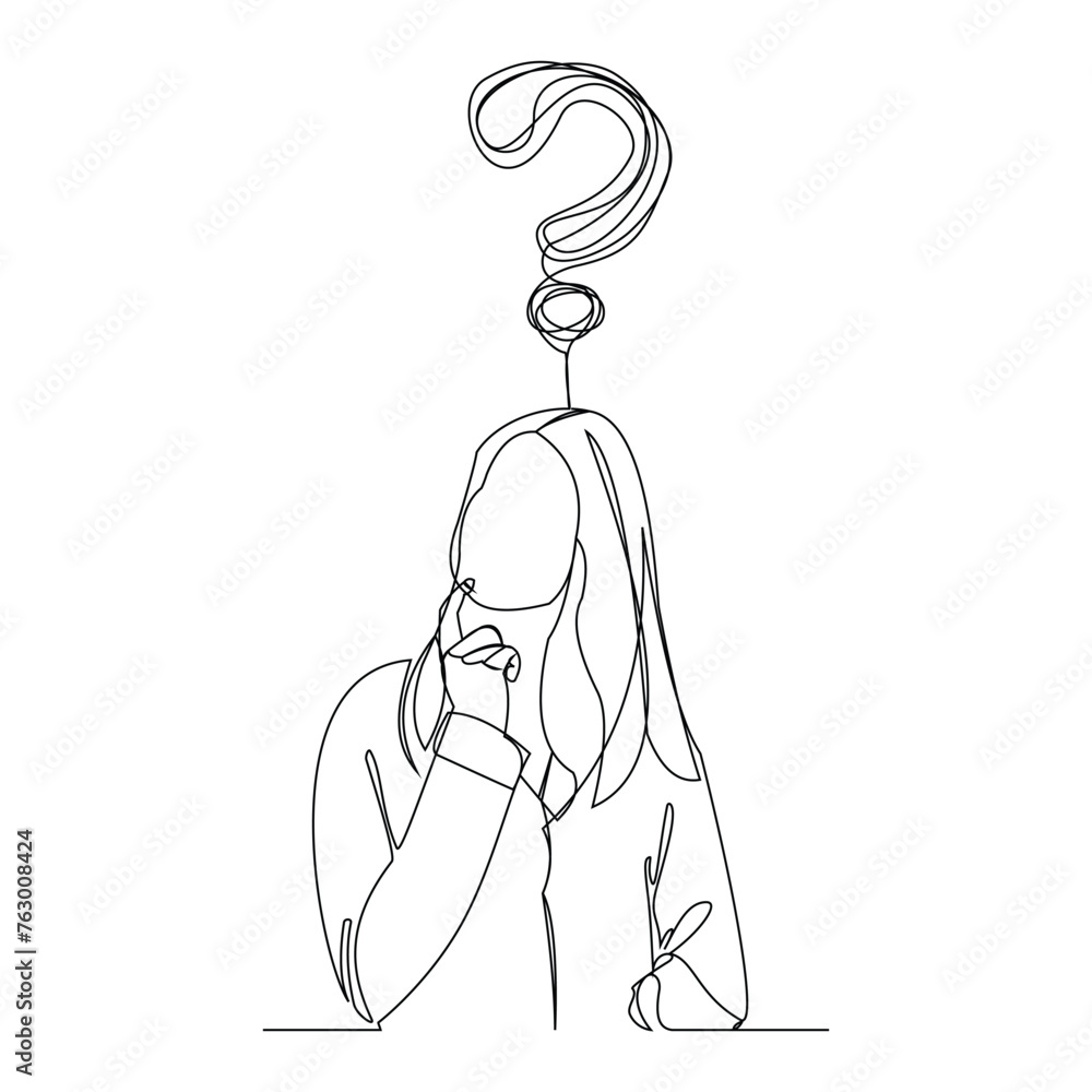 Continuous single line sketch drawing of thinking woman with questions ...