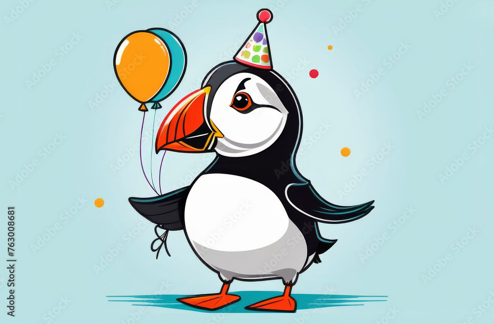 Cute cartoon puffin Happy Birthday greeting card, little puffin bird in ...