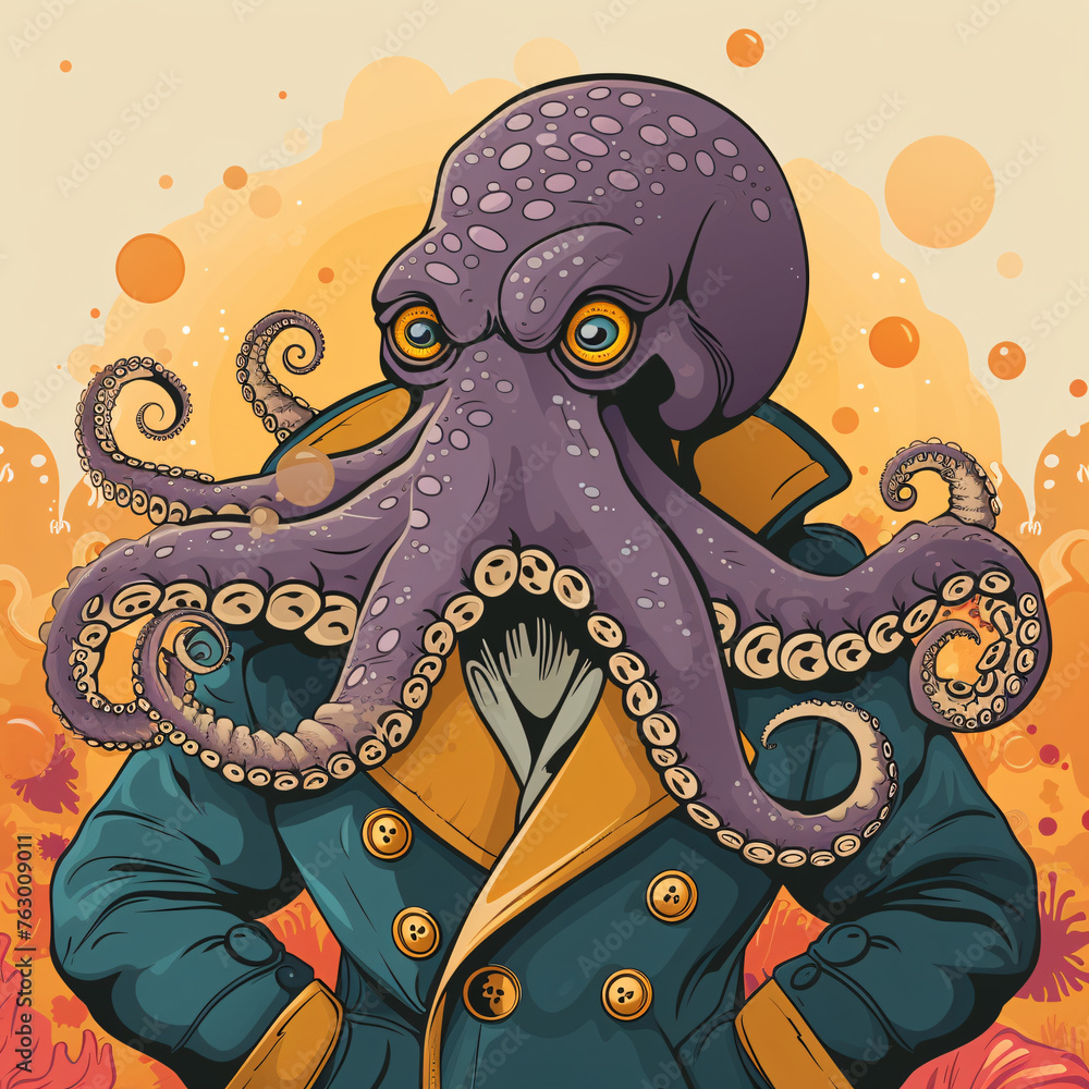 Elegant Octopus in Vintage Attire: A Unique and Colorful Illustration ...