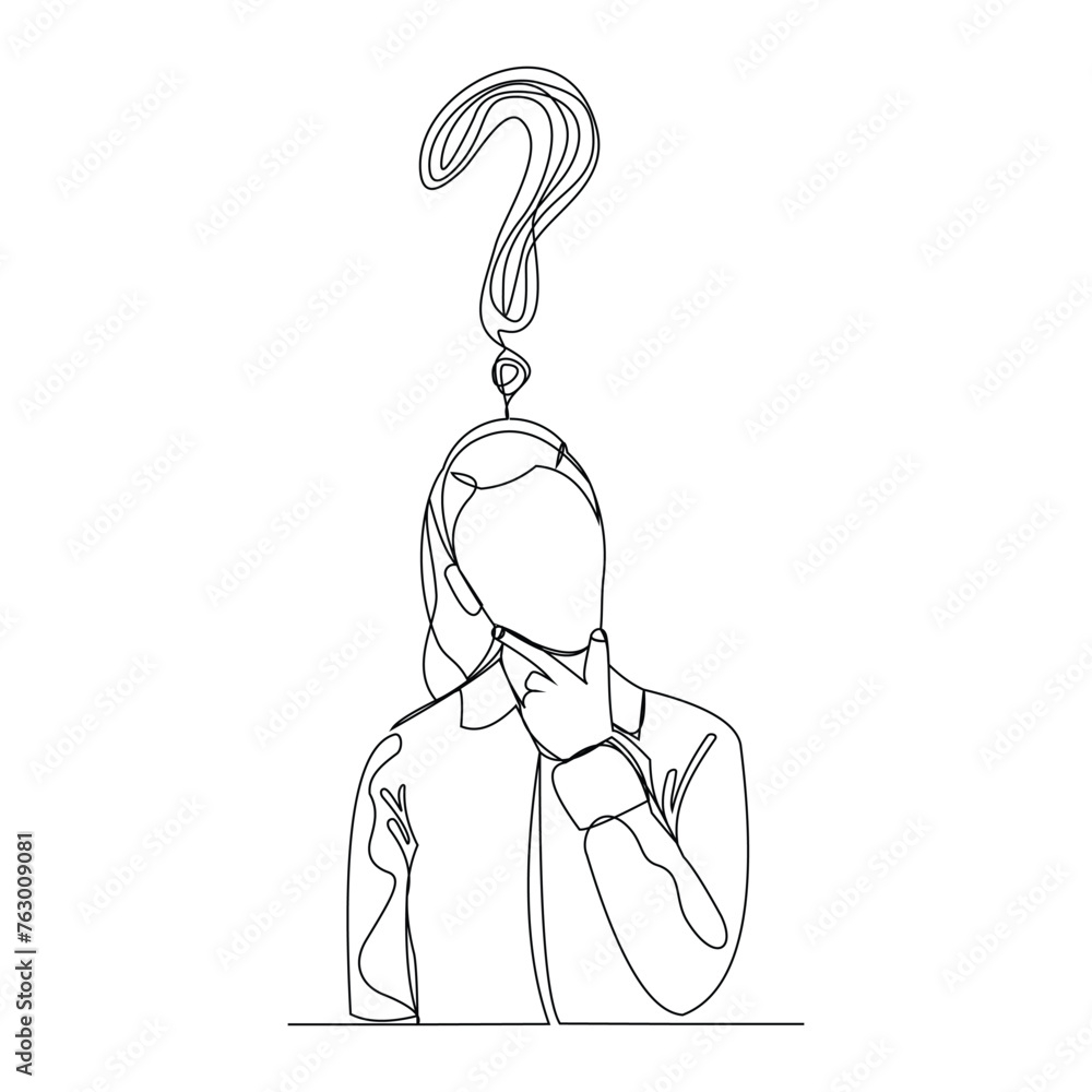 Continuous single line sketch drawing of thinking woman with questions ...