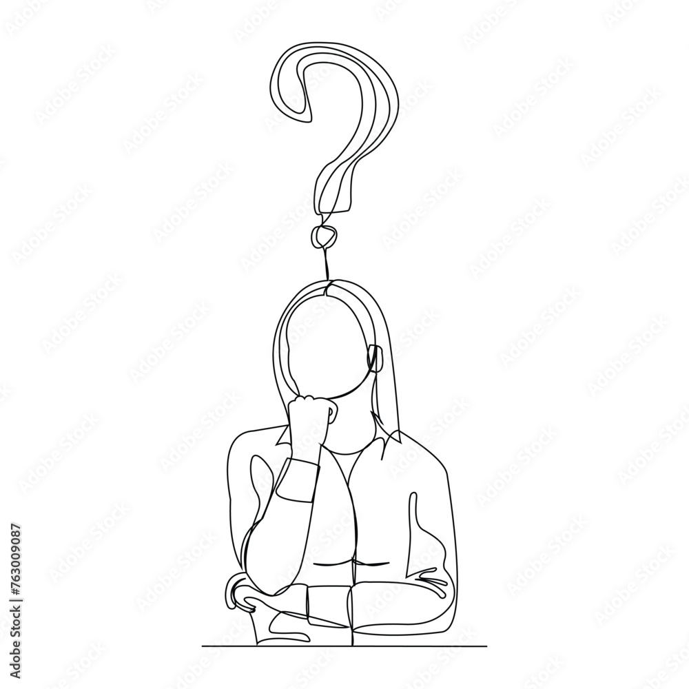 Continuous single line sketch drawing of thinking woman with questions ...