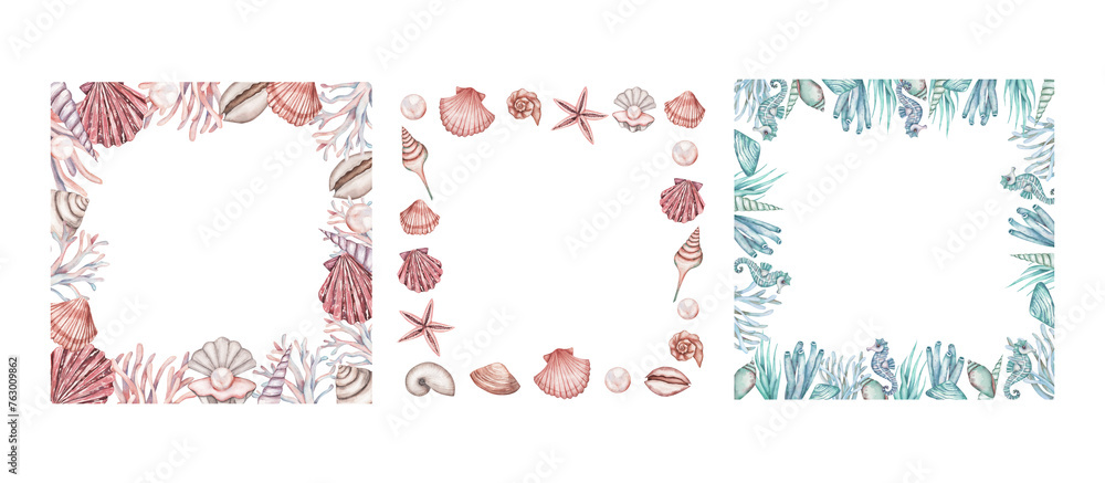 Square frame set with watercolor marine elements of seashells, corals ...