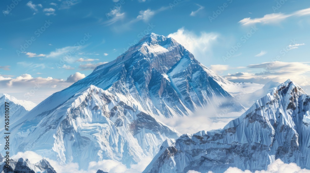 Mount Everest, the summit towering amidst snow, stands as the loftiest ...
