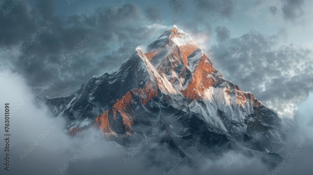 Mount Everest, the summit towering amidst snow, stands as the loftiest ...
