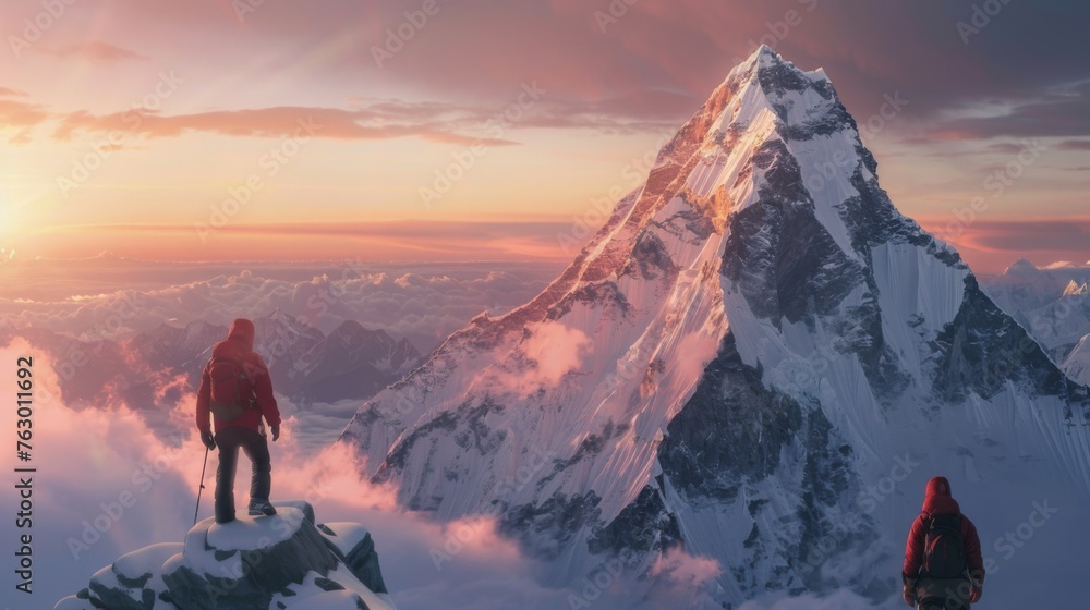 At sunset, Mount Everest looms majestically, its summit cloaked in snow ...