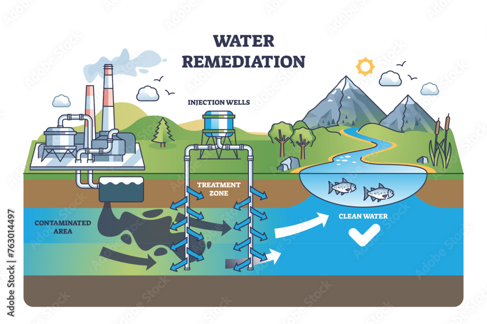 Water remediation and pollution treatment process outline diagram ...