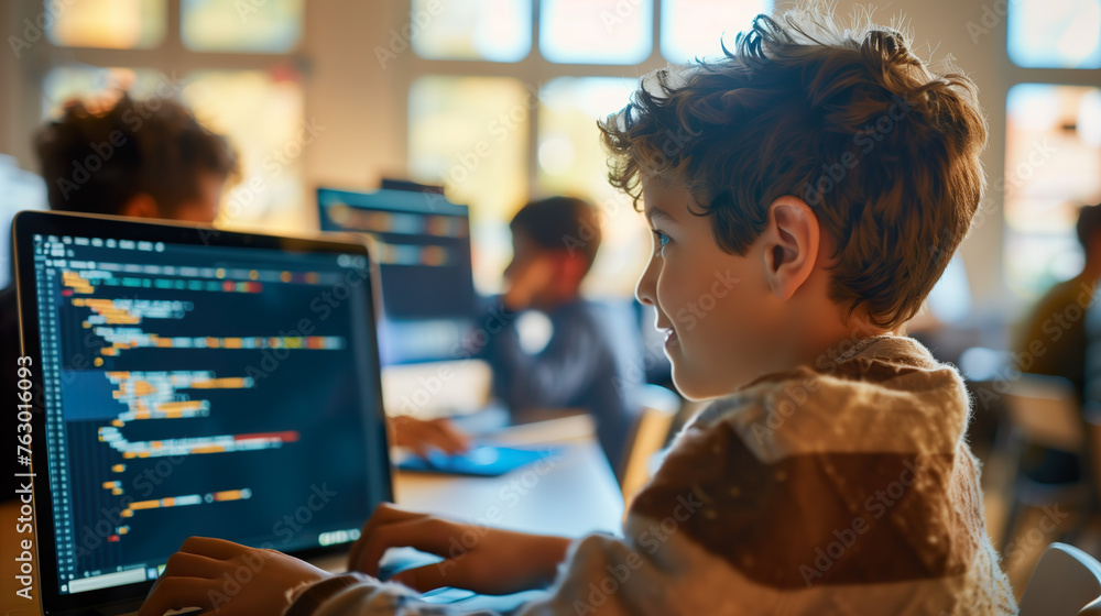 School children engage in interactive coding lessons on laptops ...