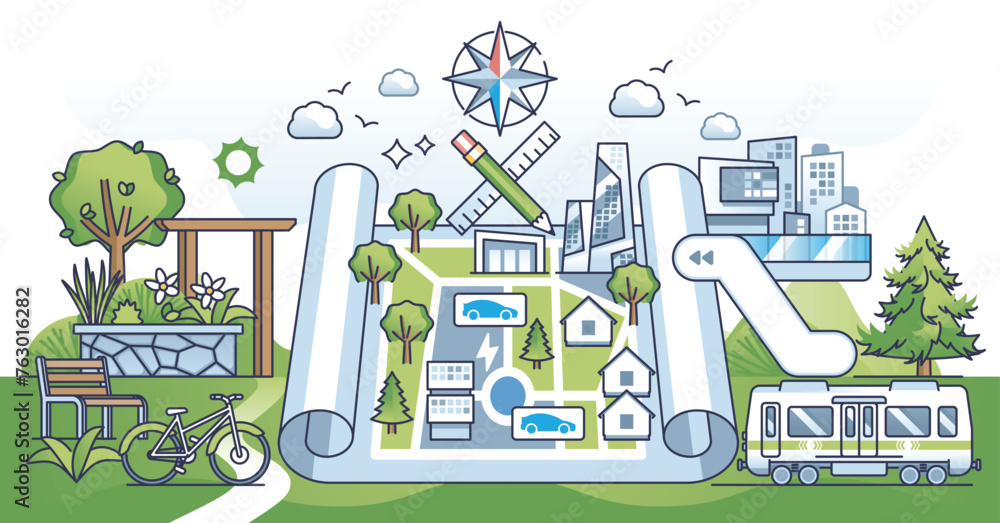 Urban planning with green and sustainable city infrastructure outline ...
