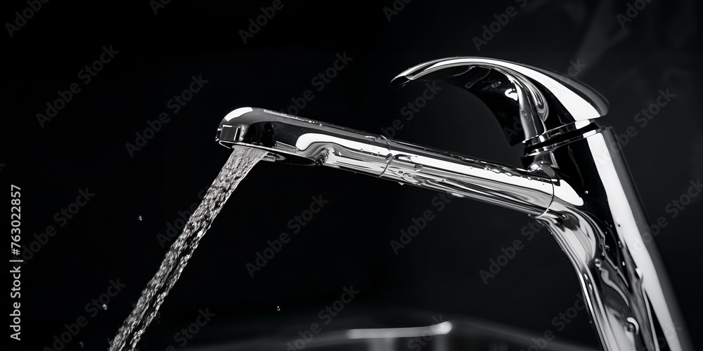 Close-up of shiny chrome faucet with crystal clear water flowing down ...