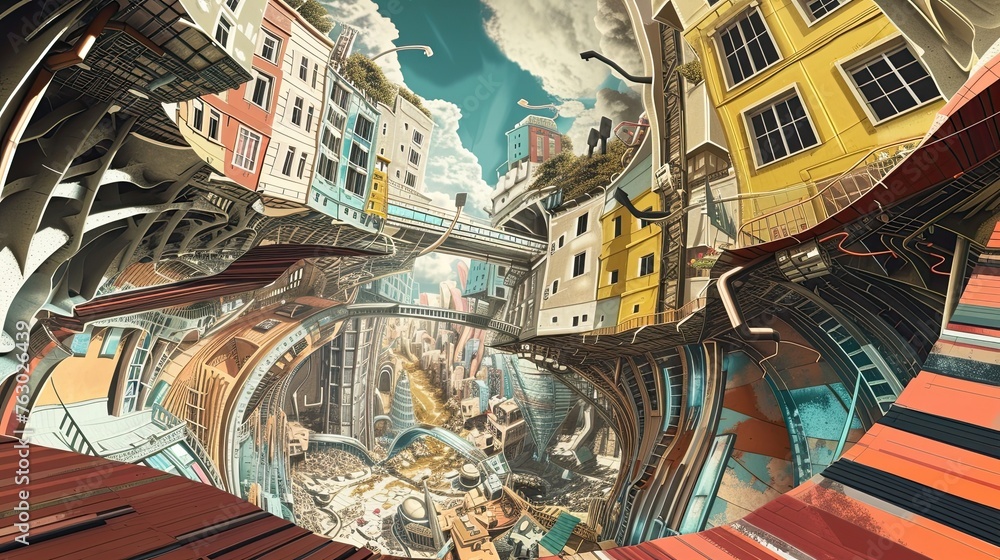 Abstract illustration of a landscape of a distorted, irregular city ...