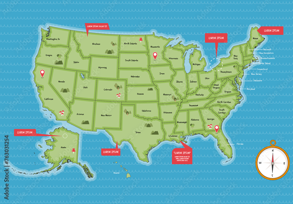 USA United States of America Map Vector Layout in Cute Style Stock ...