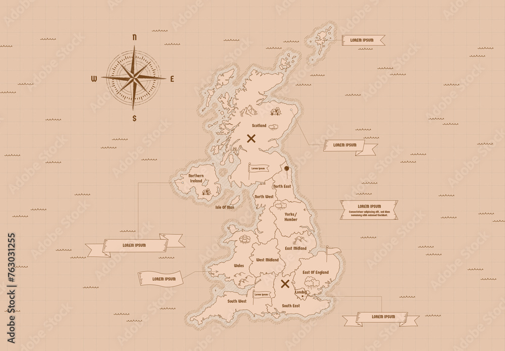 Vintage UK United Kingdom of Great Britain Map Vector Illustration ...