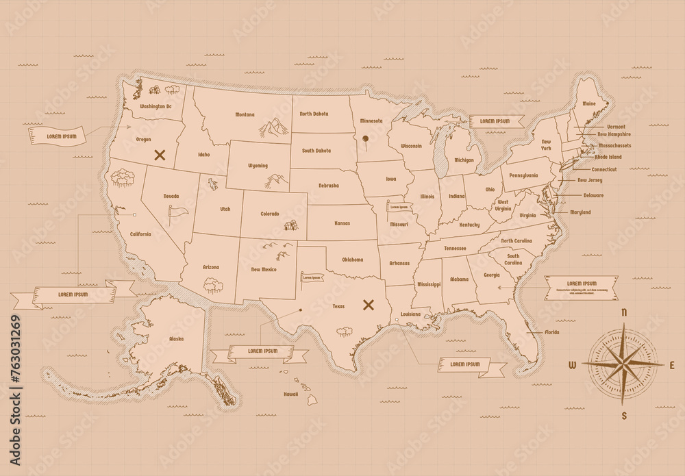 Vintage USA United States of America Map Vector Layout Stock Template ...
