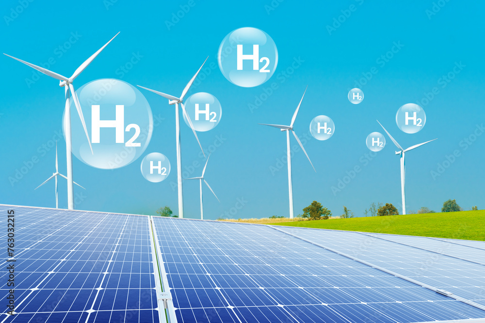 H2 icon.Green hydrogen production with solar panels and wind turbines ...