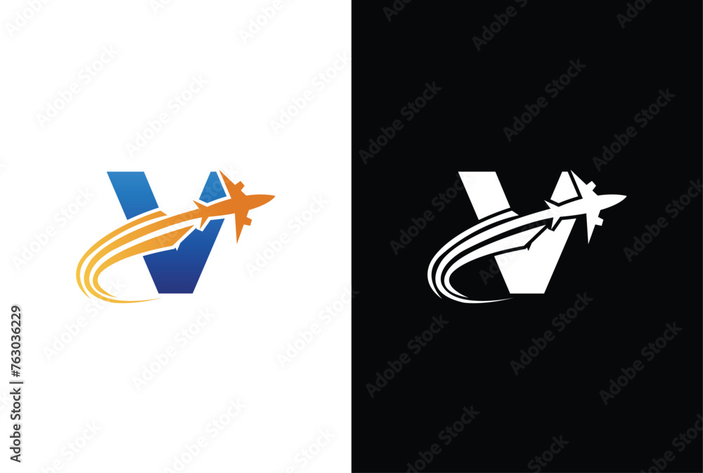 Initial letter V Air Travel Logo icon Design with plane graphic element ...