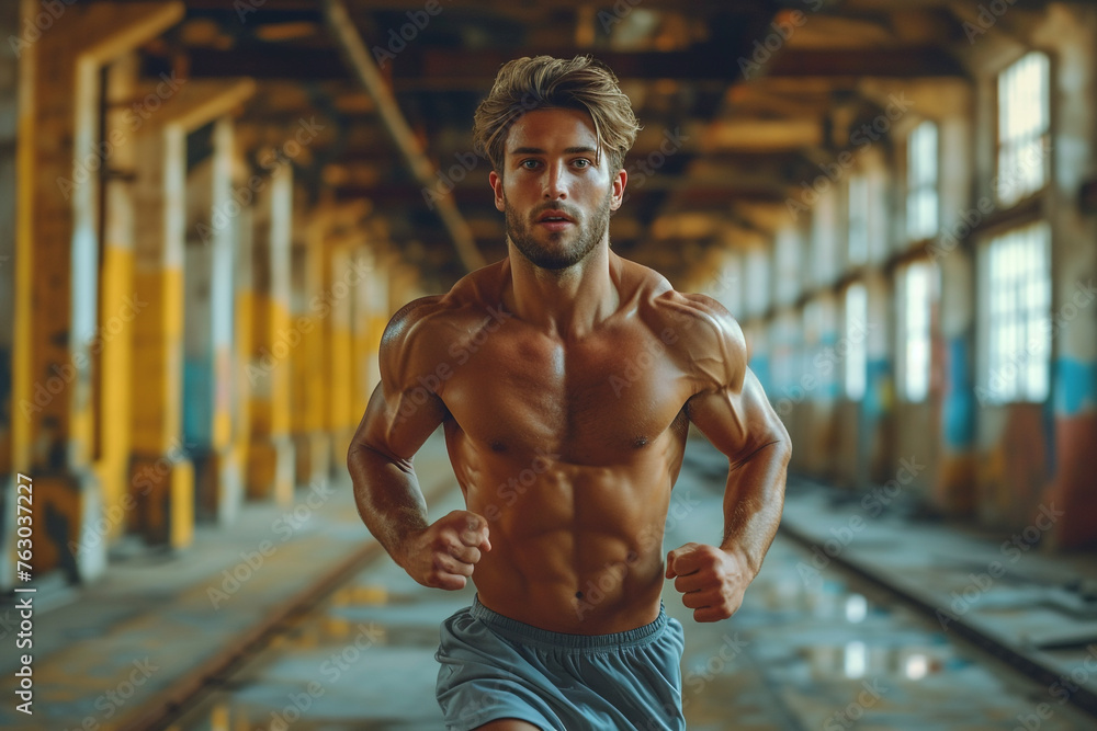 Shirtless male athlete training in urban city concrete background ...