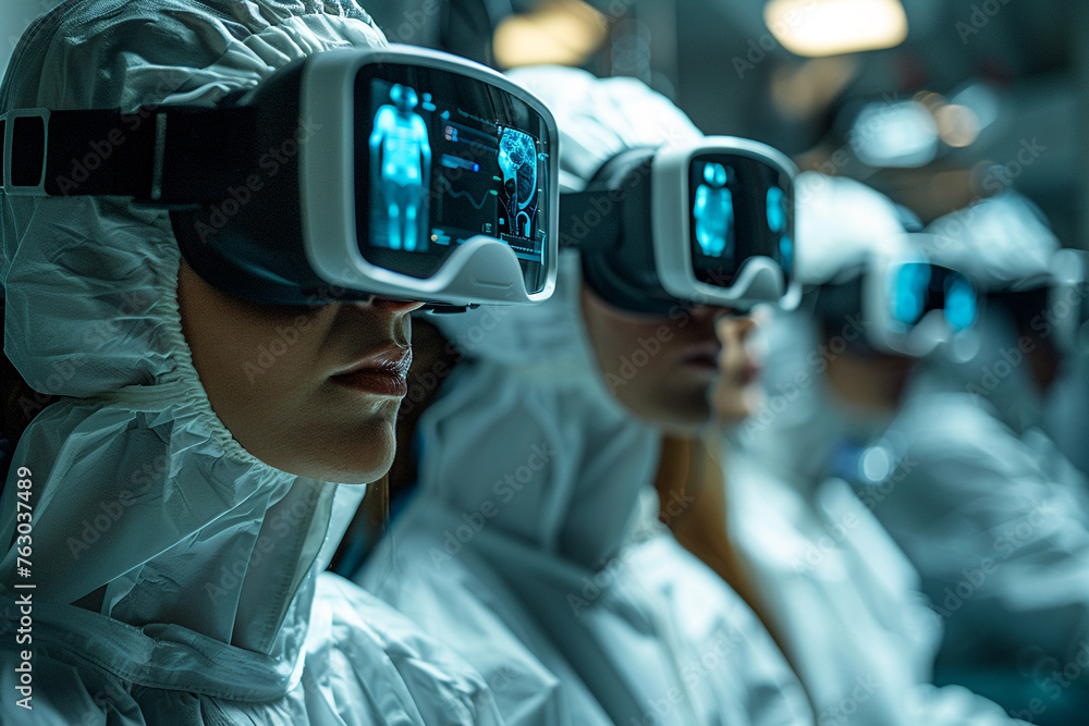 The operating room doctor and a nurse are both in white surgical suits ...