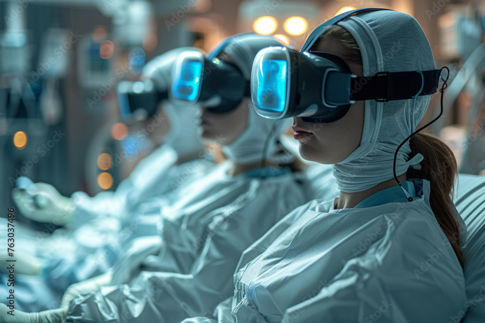 The operating room doctor and a nurse are both in white surgical suits ...