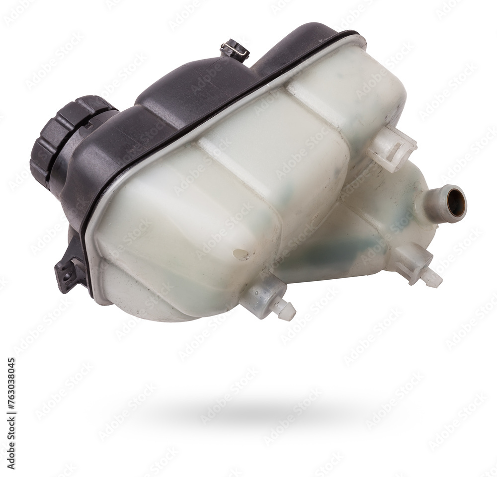 Coolant expansion tank white on an isolated background with black ...